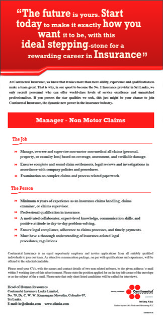 Careers | Continental Insurance Lanka Limited